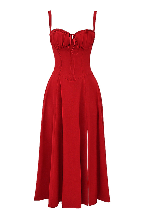 CARMEN RED ROSE BUSTIER MIDI DRESS - Dark Red