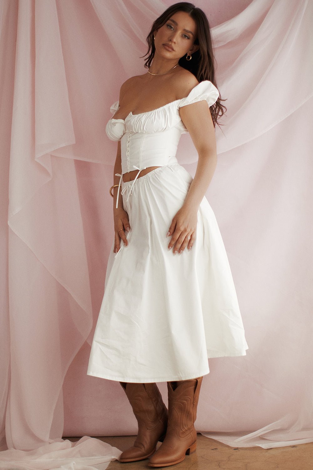 CORA WHITE GATHERED MIDI SKIRT & KITTY WHITE GATHERED TOP SET - White